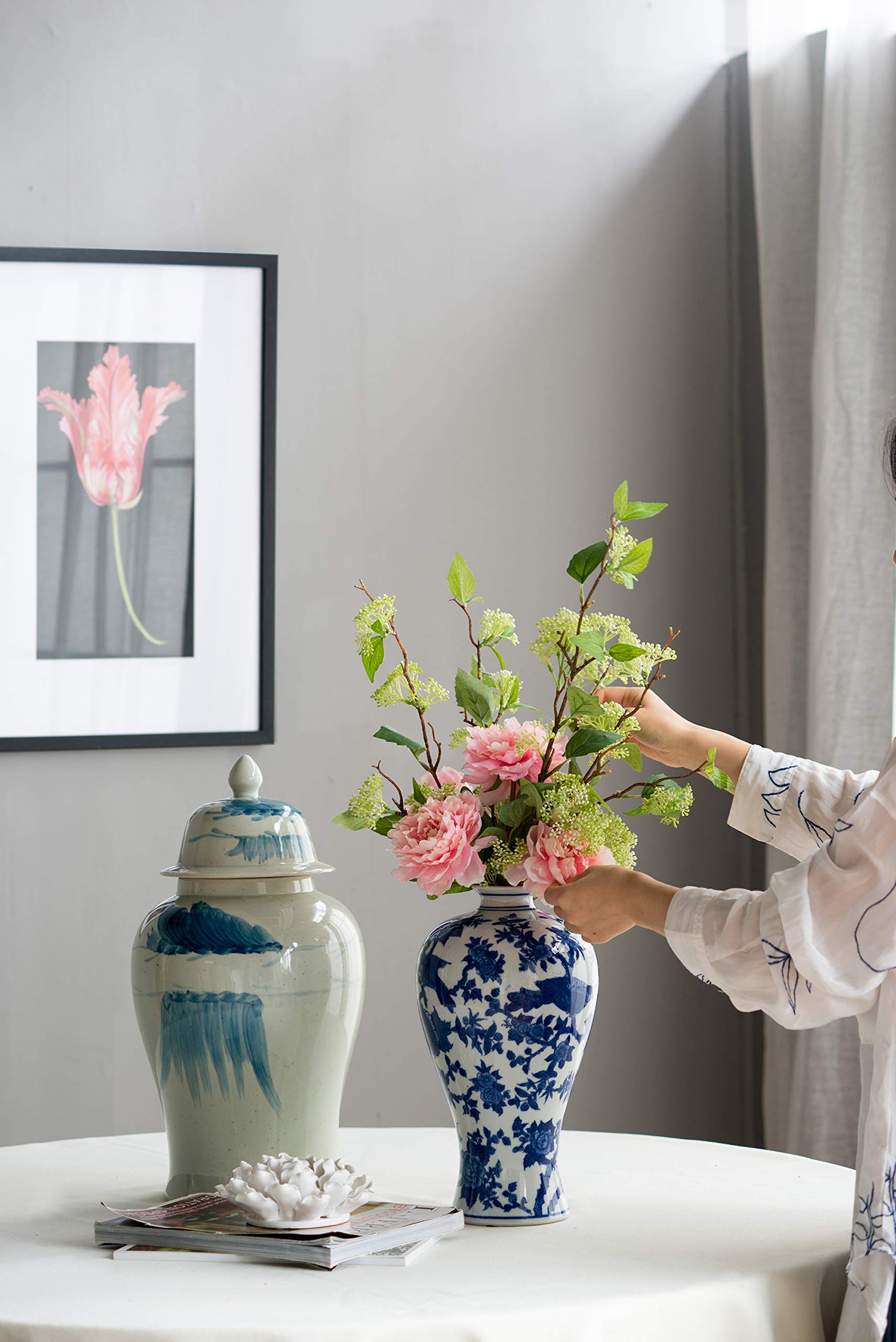 A&B Home 13'' Blue White Porcelain Jar Flower Planter Pot Home Decor Vase Hand Painted Floral Print Tall Vase Asian Decorations