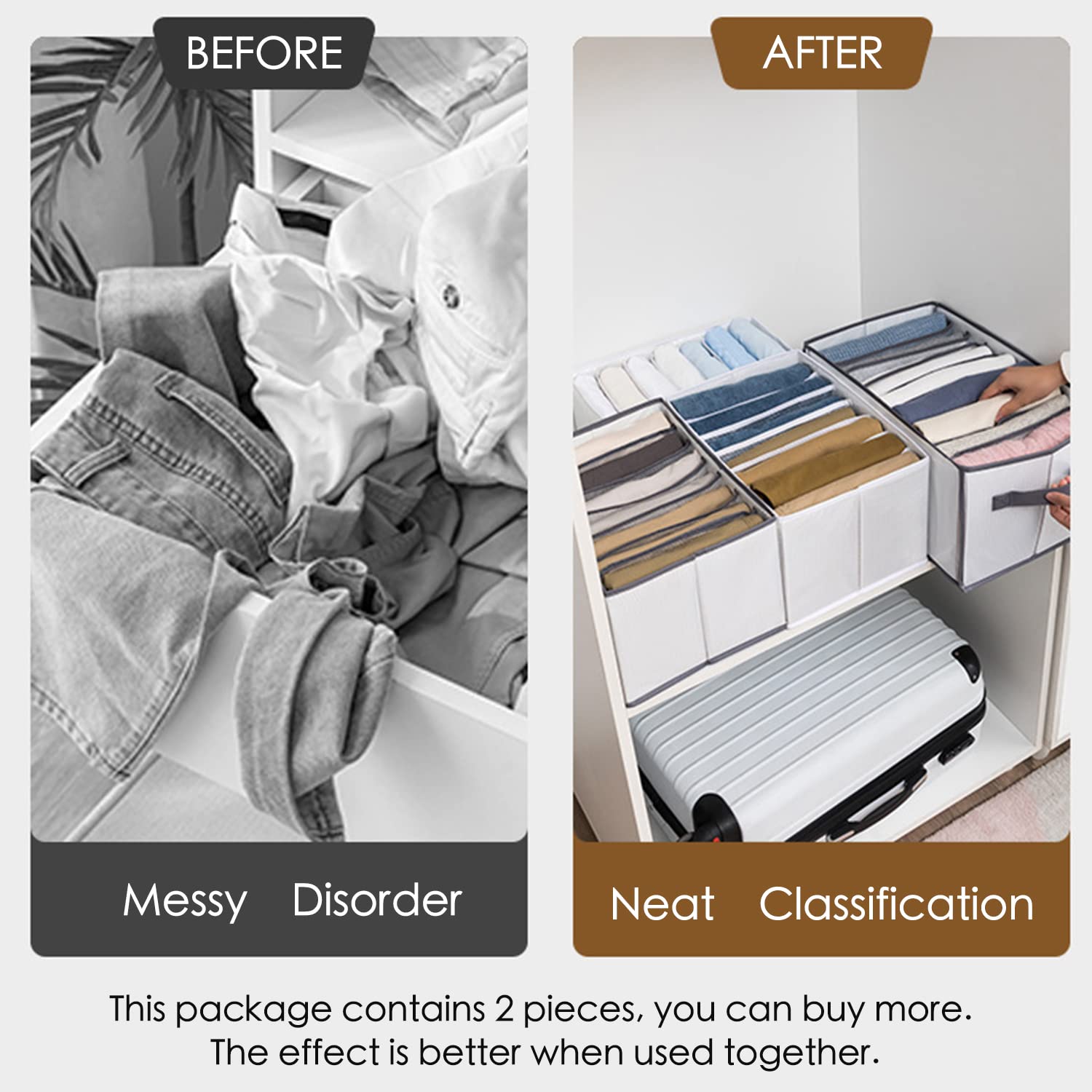 2PCS Wardrobe Clothes Organizer with Support Board Foldable 7 Grids Pants Organizer Washable Drawer Clothes Organizer for Clothes Legging Jeans T-Shirt Scarves