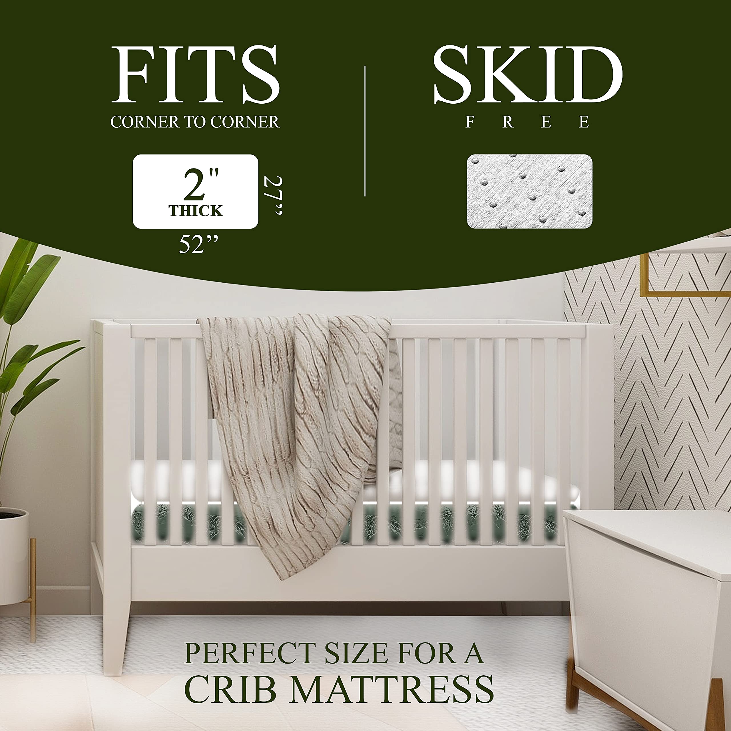 Modera Baby Crib Topper | Organic Cotton Mattress Pad for Standard Baby Crib & Toddler Bed with Washable Waterproof Protector Cover, Soft Ventilated Foam Padding & Nonslip Gripped Bottom | 52”x27”x2”