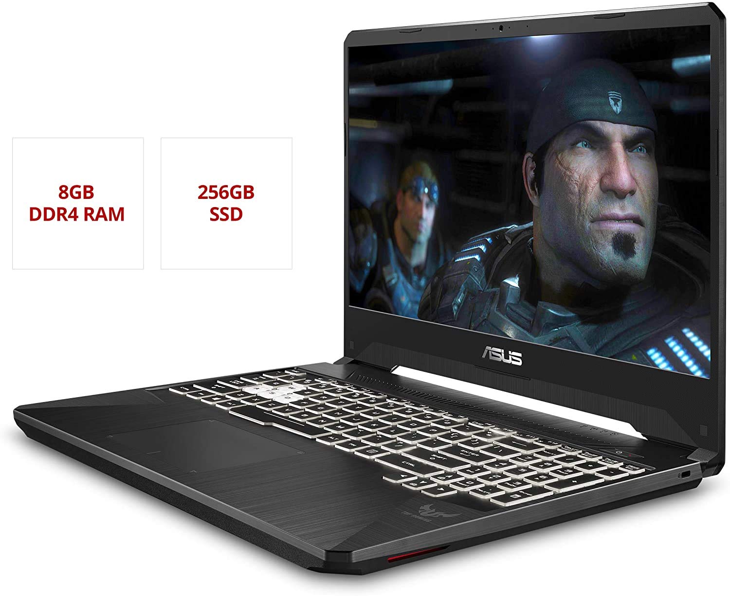ASUS TUF Gaming Laptop, 15.6” IPS Full HD, AMD Quad-Core Ryzen 5 3550H, 8GB DDR4 Memory, 256GB SSD, Nvidia GeForce GTX 1650, RGB Backlit keyboard, Webcam, BT, Windows 10 + CUE Accessories