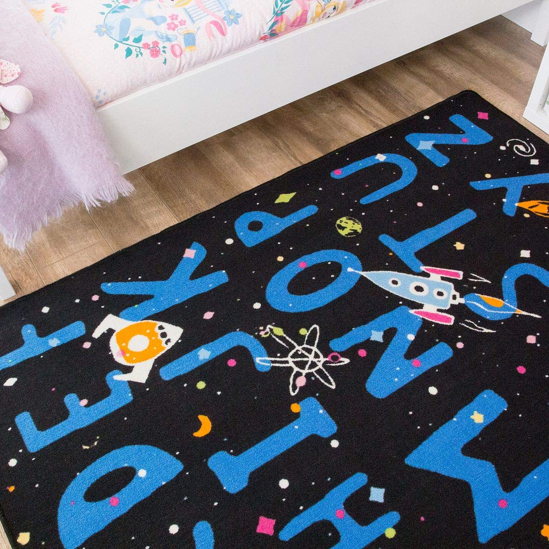 Alphabet A -Z Space Spaceship Blue Black Colourful Boys Kids Childrens Floor Play Area Rug Mat 3'3" x 4'7"