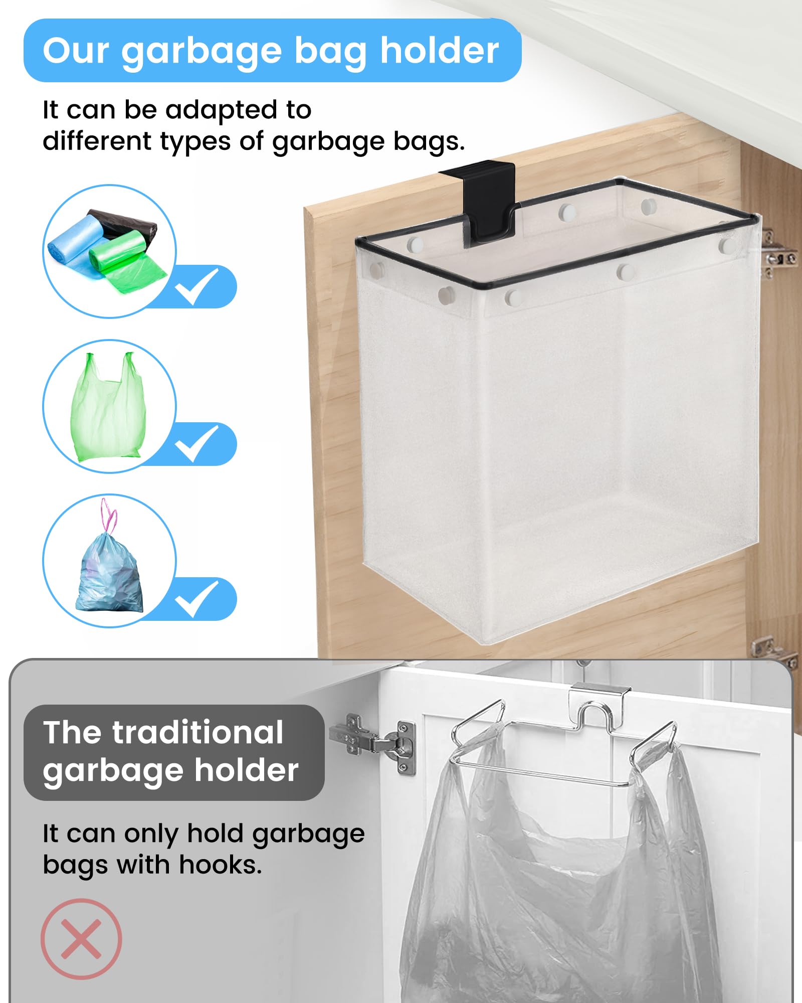 2 Pack Hanging kitchen Trash Can, Small Trash Can Under Sink, Hook and Loop Design Oxford Cloth, Storage Box, 2.4 Gallon Food Waste Bin, Foldable Garbage Can Bag Holder Black for Cabinet Outdoor