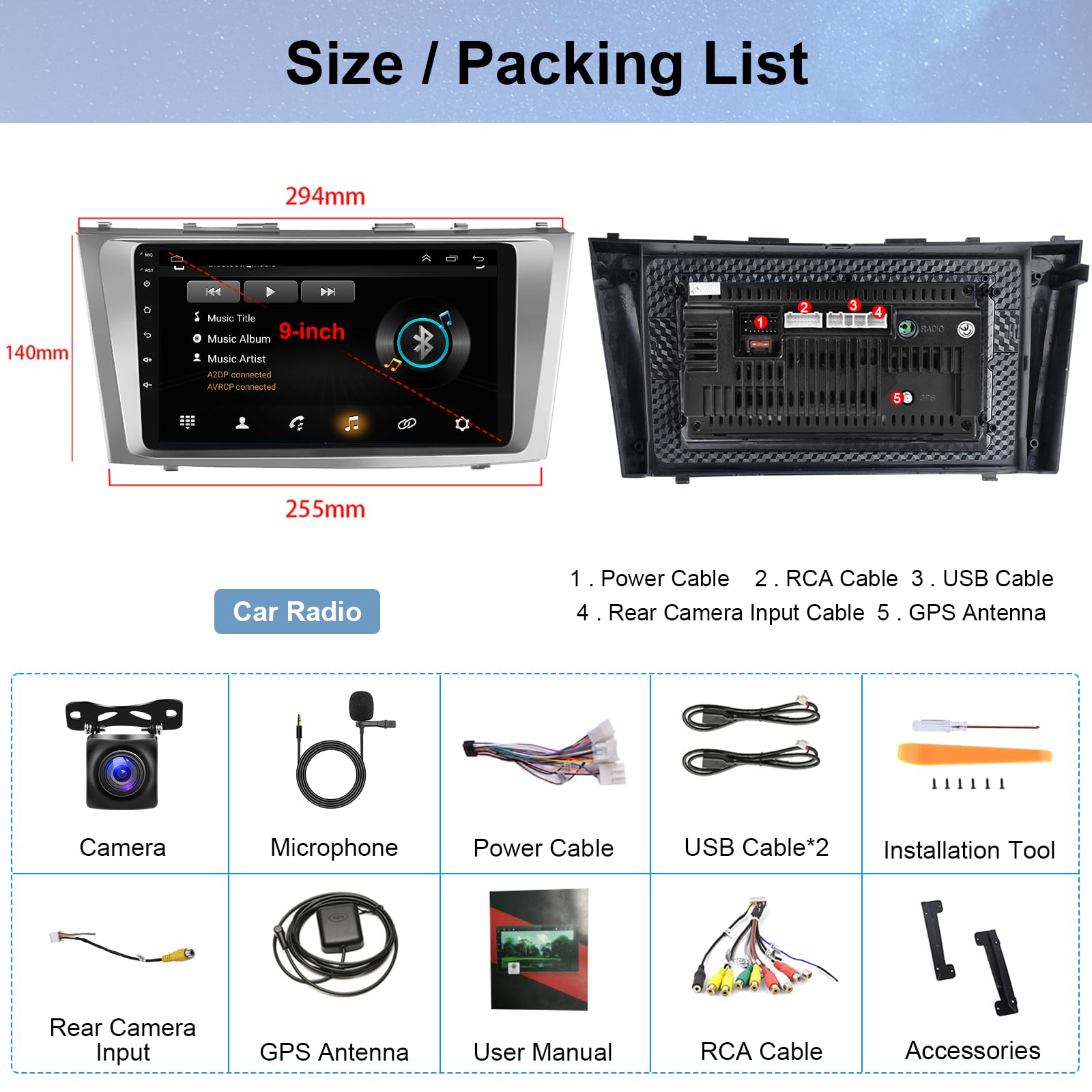 1G+32G Android Car Stereo Radio for Toyota Camry 2006-2011 with Apple Carplay, 9 Inch Touch Screen Car Radio with GPS Navigation Bluetooth FM HiFi WiFi Android Auto Mirror Link AHD Backup Camera