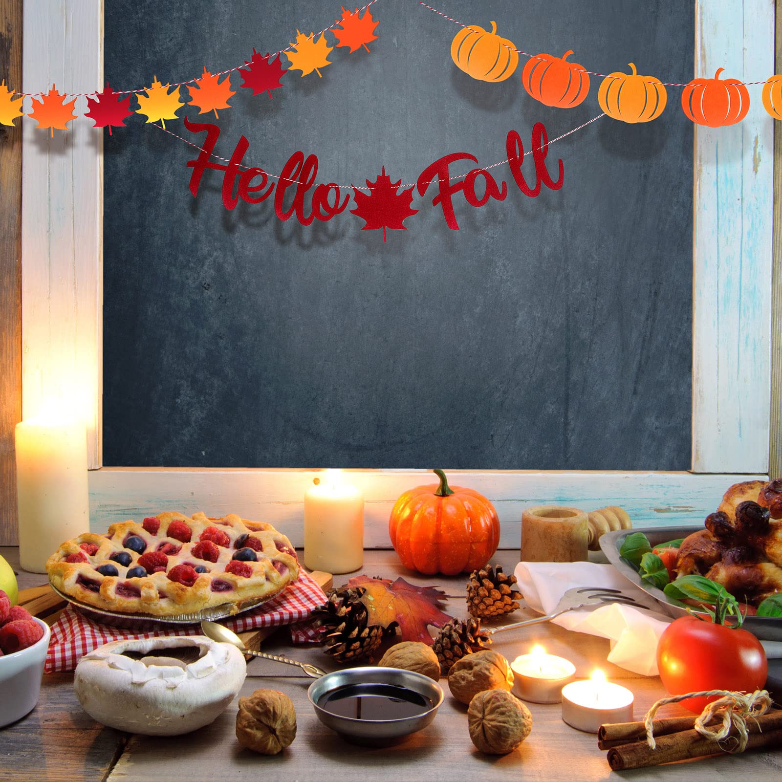 3 Pcs Hello Fall Banners Thanksgiving Fall Decoration Autumn Pumpkins Maple Leaves Garlands Mantel Bunting Harvest Banners for Fireplace Outdoors Indoors Party Hanging Celebrations Decorations (Fall)