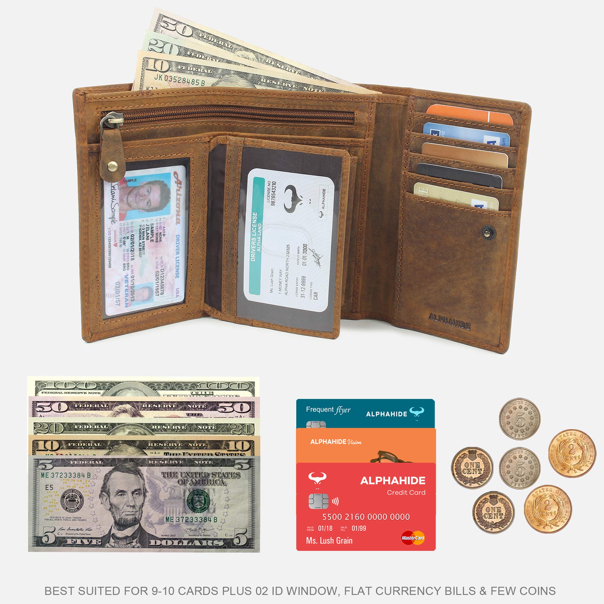 AlphaHide RFID Blocking Ladies Wallet - Credit Card Wallet for Women - Trifold Wallets for Girls - Crazy Horse Genuine Leather - Large Coin Pocket - Two ID Windows - Gift Boxed