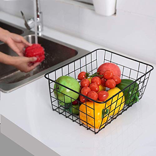 LeleCAT Black Wire Storage Baskets, Metal Household Storage Organizer for Kitchen,Pantry, Shelf, Freezer, Bathroom,Black 2 Pack
