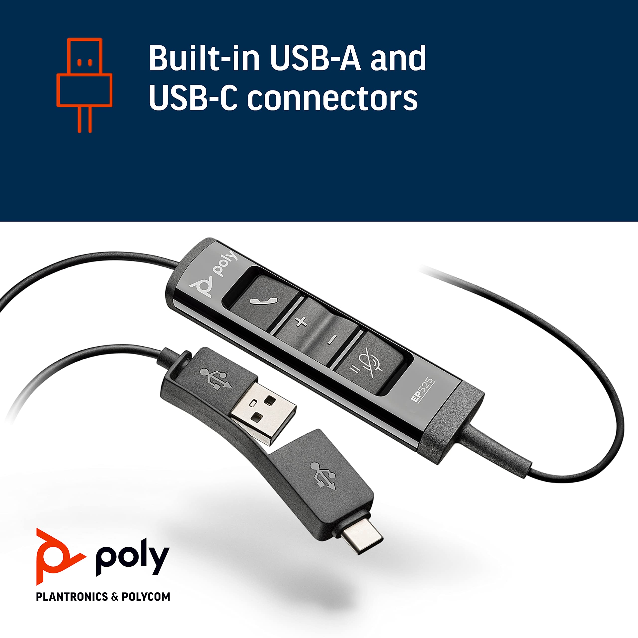 Poly - EncorePro 525 USB-A and USB-C USB Headset (Plantronics) - Acoustic Hearing Protection - Hold & Call Answer Buttons - Dual Ear Wearing Style,Black