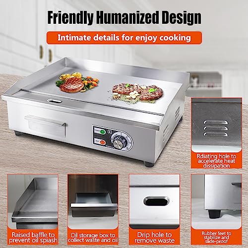 ExGizmo 22" Commercial Electric Griddle,Electric Countertop Flat Top Griddle,110V 1600W Electric Flat Top Grill,Non-Stick Restaurant Teppanyaki Stainless Steel Grill,Adjustable Temperature Control