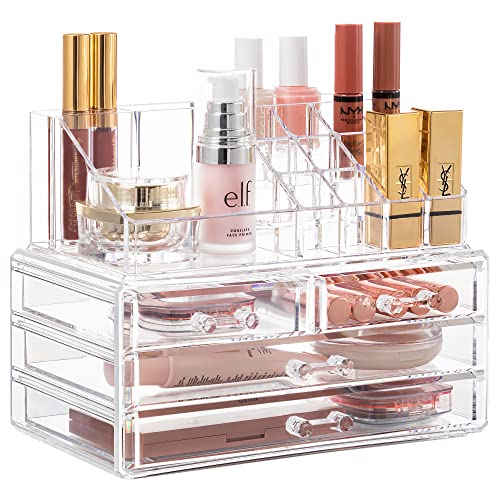 HBlife Acrylic Clear Dustproof Makeup Storage Organizer Drawers Large Skin Care Cosmetic Display Cases for Bathroom Stackable Storage Box with 4 Drawers for Vanity (Clear)