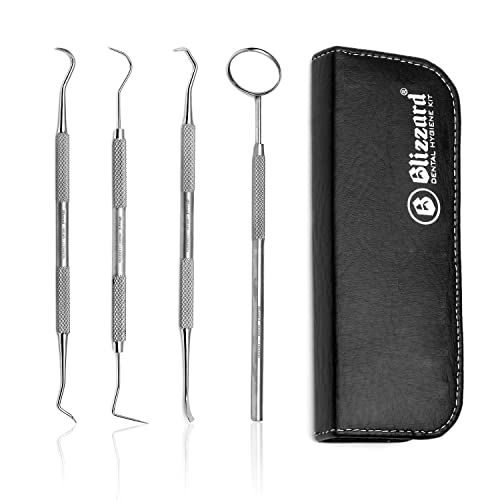 Dental Tools by Blizzard - Plaque Tartar Remover for Teeth - Professional Dental Hygiene Cleaning Kit 4-Pcs, German Stainless Steel Oral Care Set with Dental Pick, Mouth Mirror, Travel Case