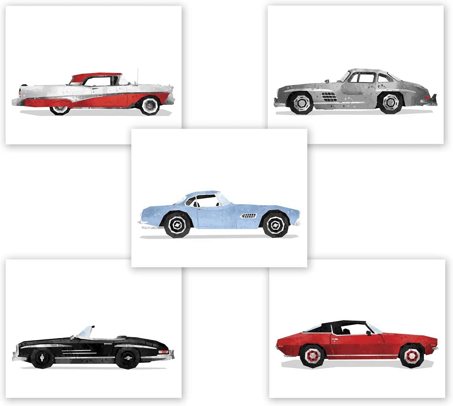 AtoZStudio Classic Car Wall Art - Set of 5 Prints // Game Room Decor // Boy Bedroom Posters // Transportation Car Nursery // Birthday Party Decoration // Vintage (8x10, Set 5)