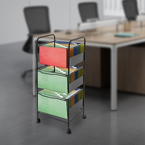 3 Tiers Metal Rolling File Carts with Wheels Hanging Files for Letter Size Movable Pull-Out File Folder Rack Drawer File Cabinet for Home Office