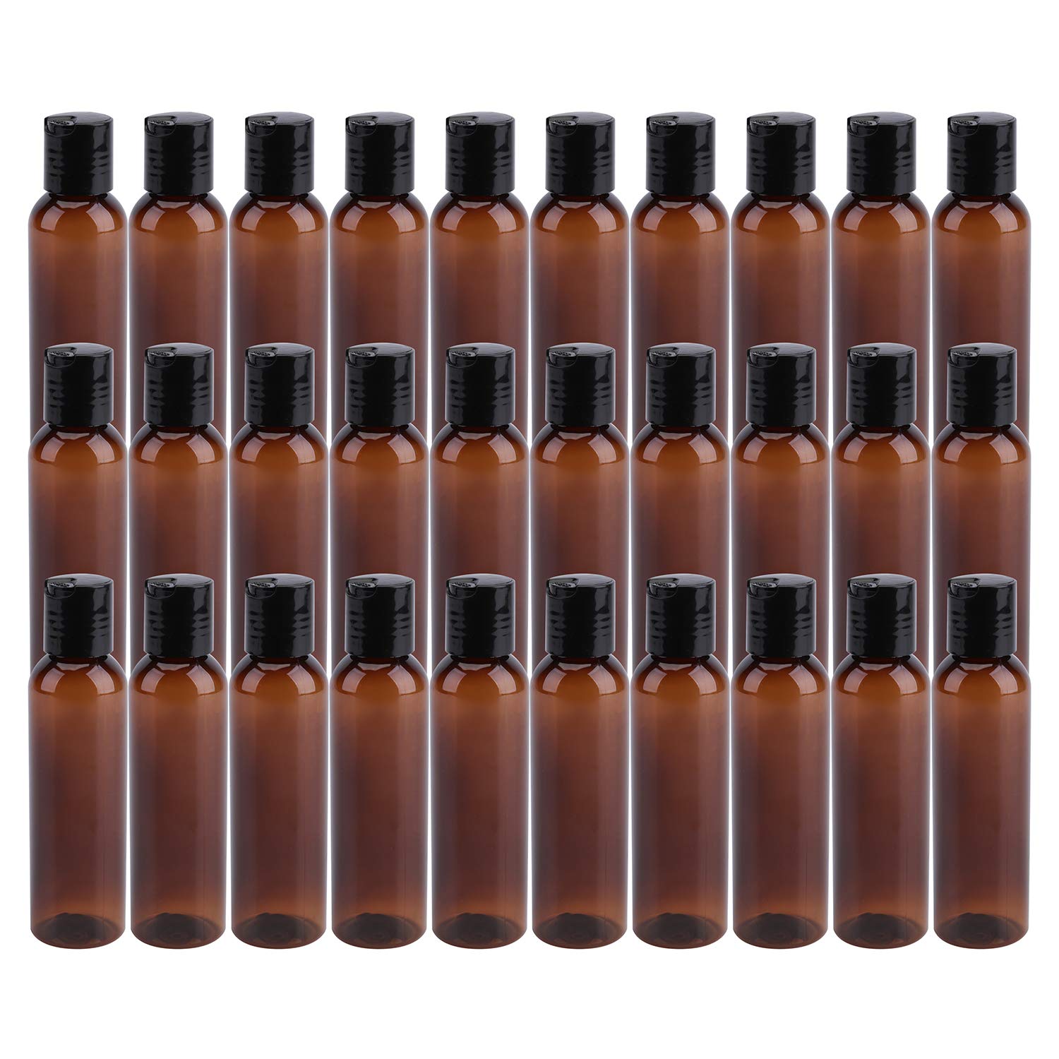 Bekith 30 Pack 4oz Plastic Squeeze Bottles with Disc Top Flip Cap, Empty Amber BPA-Free Refillable Containers For Shampoo, Lotions, Liquid Body Soap, Creams