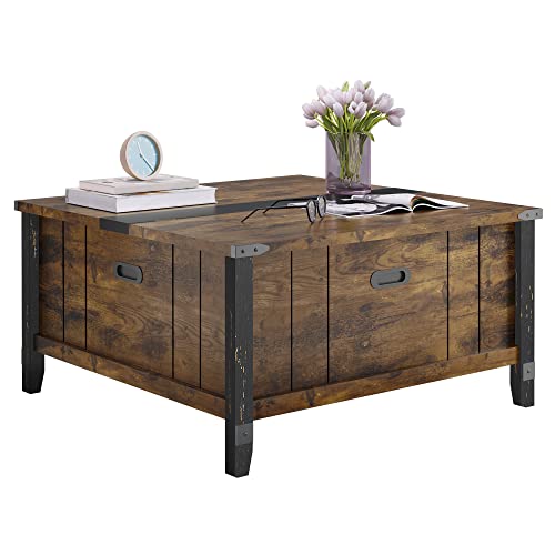 Bestier Farmhouse Coffee Table, Square Wood Center Table with Large Hidden Storage Compartment for Living Room, Rustic Cocktail Table with Hinged Lift Top for Home, Brown