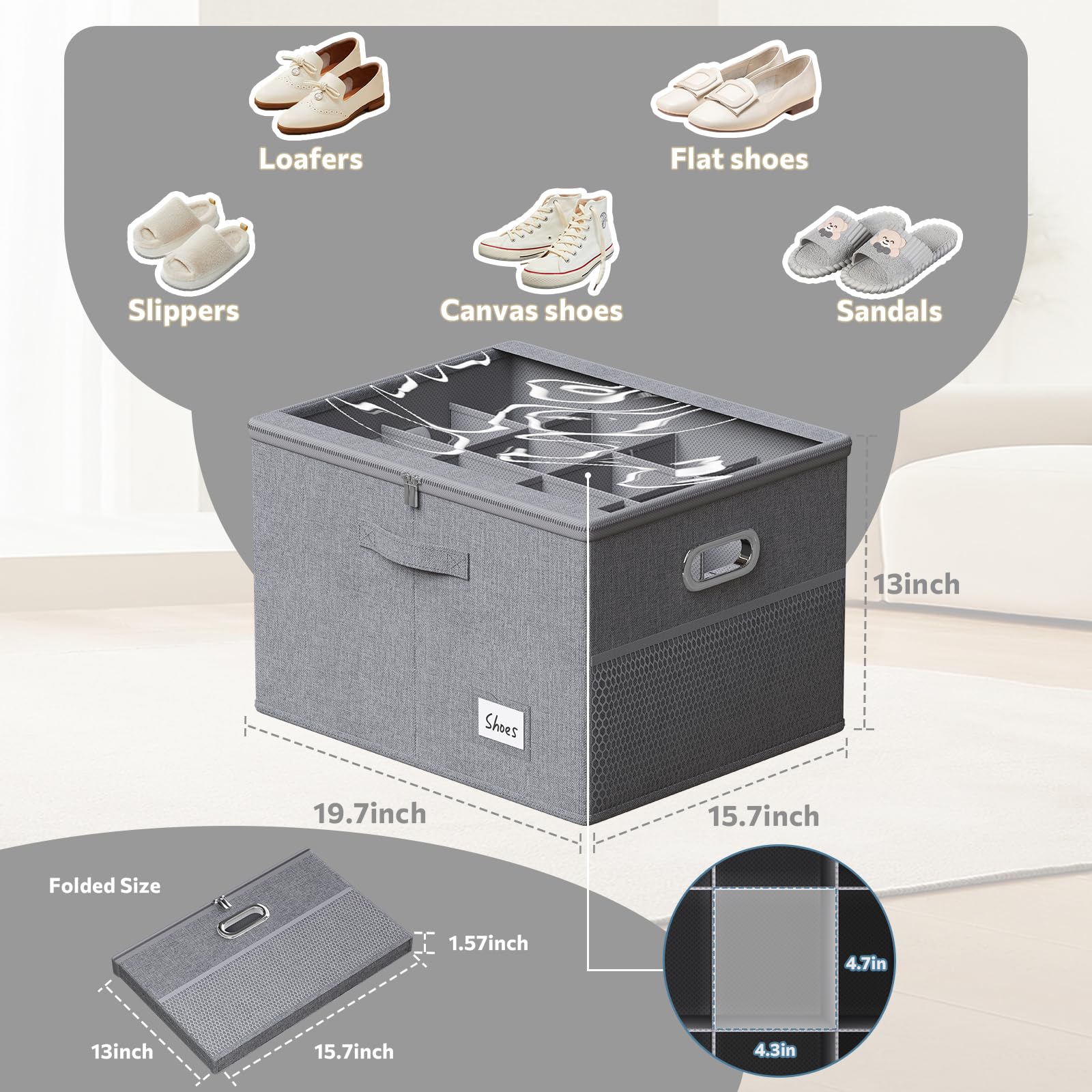 2 Pack Shoe Organizer for Closet Large Shoe Box Storage Containers with Clear Window Space Saving Shoe Bin with Foldable Bottom Support Adjustable Dividers Fits 32 Pairs (Grey, (19.7x15.7x13inch) x2)