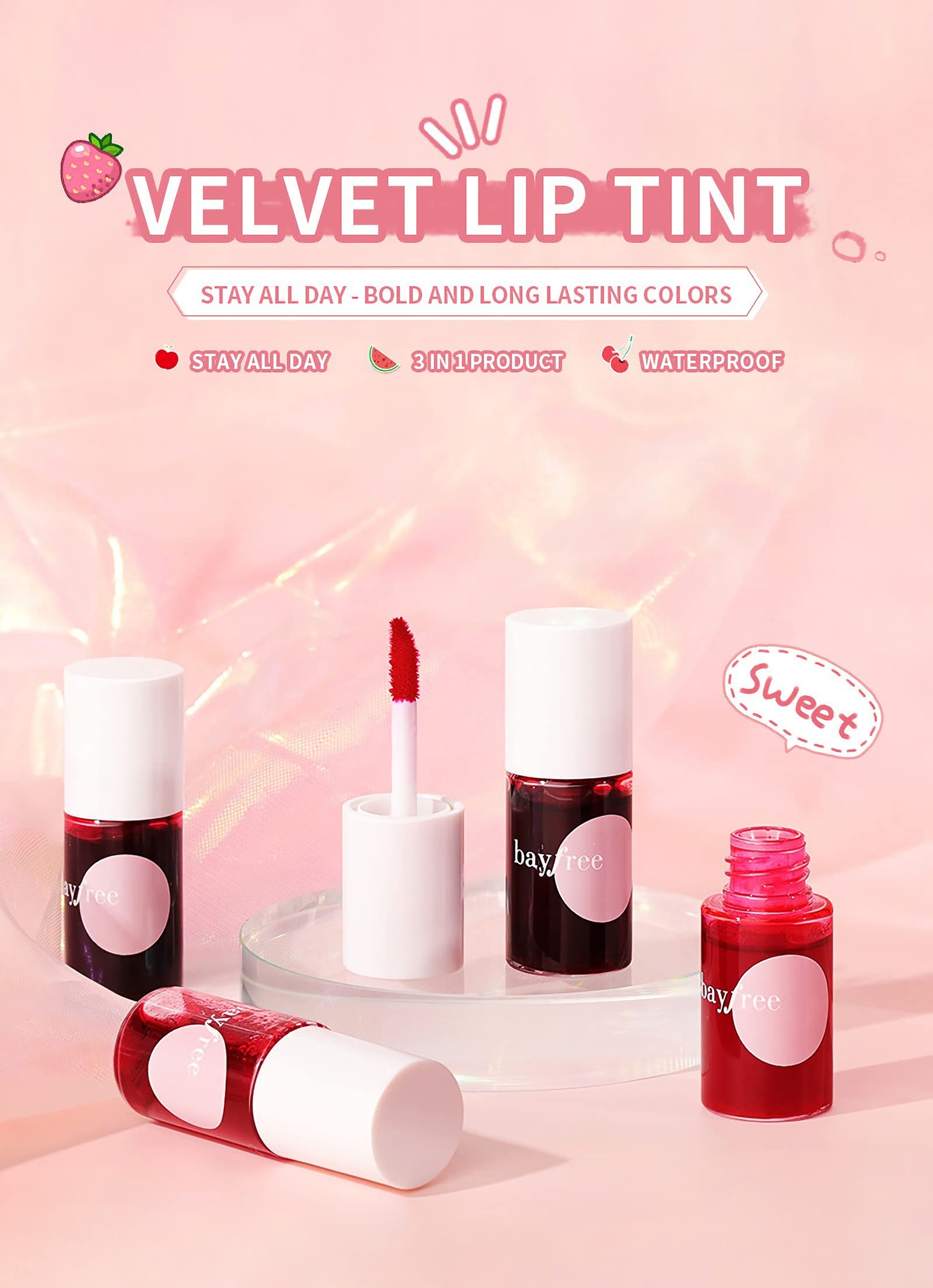 2 Pack Lip Tint Stain Set, Multi-use Lip and Cheek Tint, Moisturizing Liquid Blush and Lip Paint, High Pigment, Vivid Color, Long-Lasting, Weightless Lipstick Lip Tint Lacquer Makeup (Watermelon & Cherry)