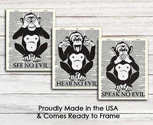 3 Wise Monkeys Dictionary Wall Art Prints: Unique Room Decor for Boys, Men, Girls & Women - Set of Three (8x10) Unframed Pictures - Great Gift Idea