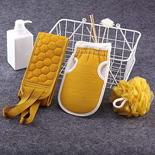 3 Pcs Shower Gloves Bath Towel Bath Exfoliating Back Scrubber Rubbing Mud Towel Kit, Flower Bath Ball Thickening Back- Pulling Strip Back Scrubber Towel, Comfortable for Bathing (Yellow)