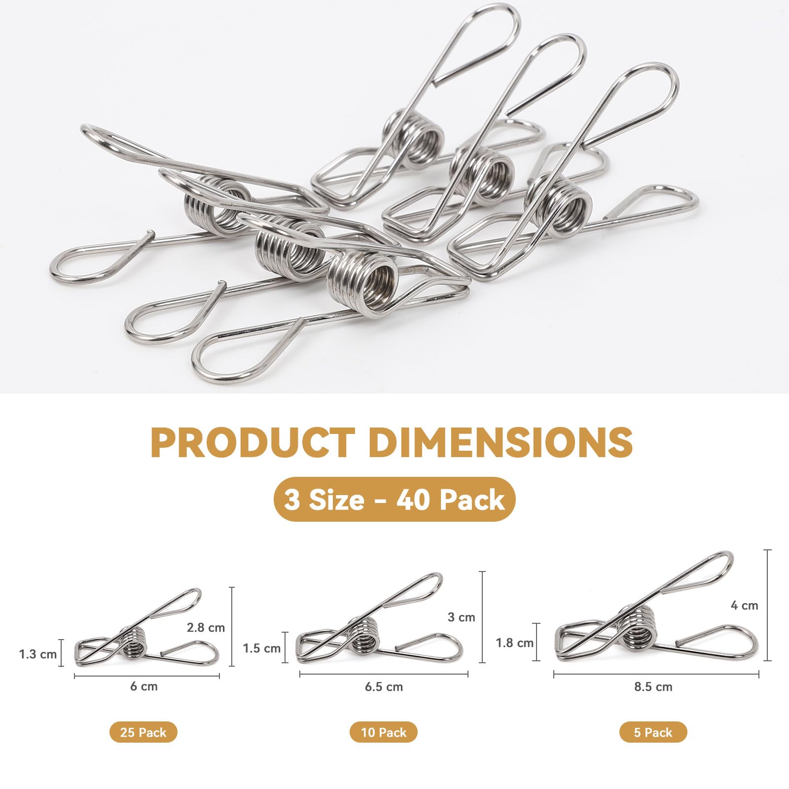 40 Pack Clothes Pins Heavy Duty, 304 Stainless Steel Clothes Pins with Waterproof Bag, Metal Clothespins Assorted Size Include Extra Large, 2.4/2.6/3.4 Inch Laundry Pins for Hanging Clothes Outdoor