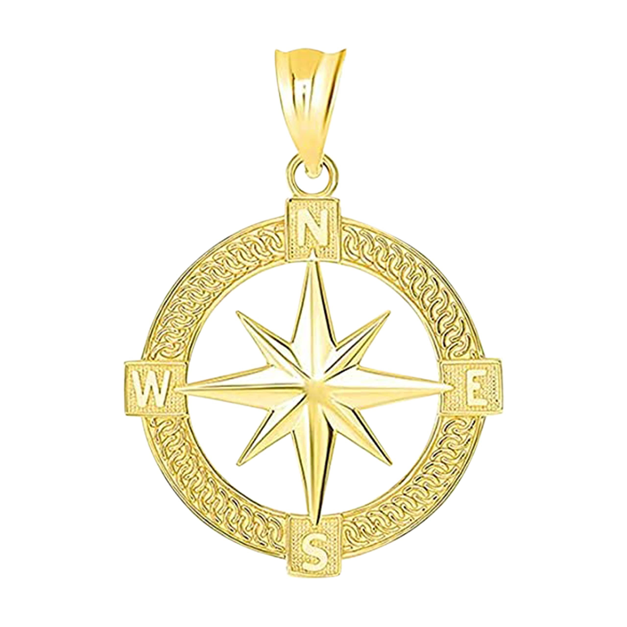 14K Yellow Gold Nautical Compass Charm Pendant - Choice of Metal