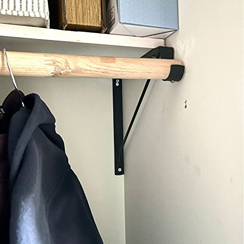 4 Pack Closet Shelf & Rod Brackets, Heavy Duty Closet Shelf Bracket with Rod Support, 11”x11”, 1-3/8” Dia Black Wall Mount Clothes Hanger Closet Pole Support Bracket for Shelf Storage and Closet Rod
