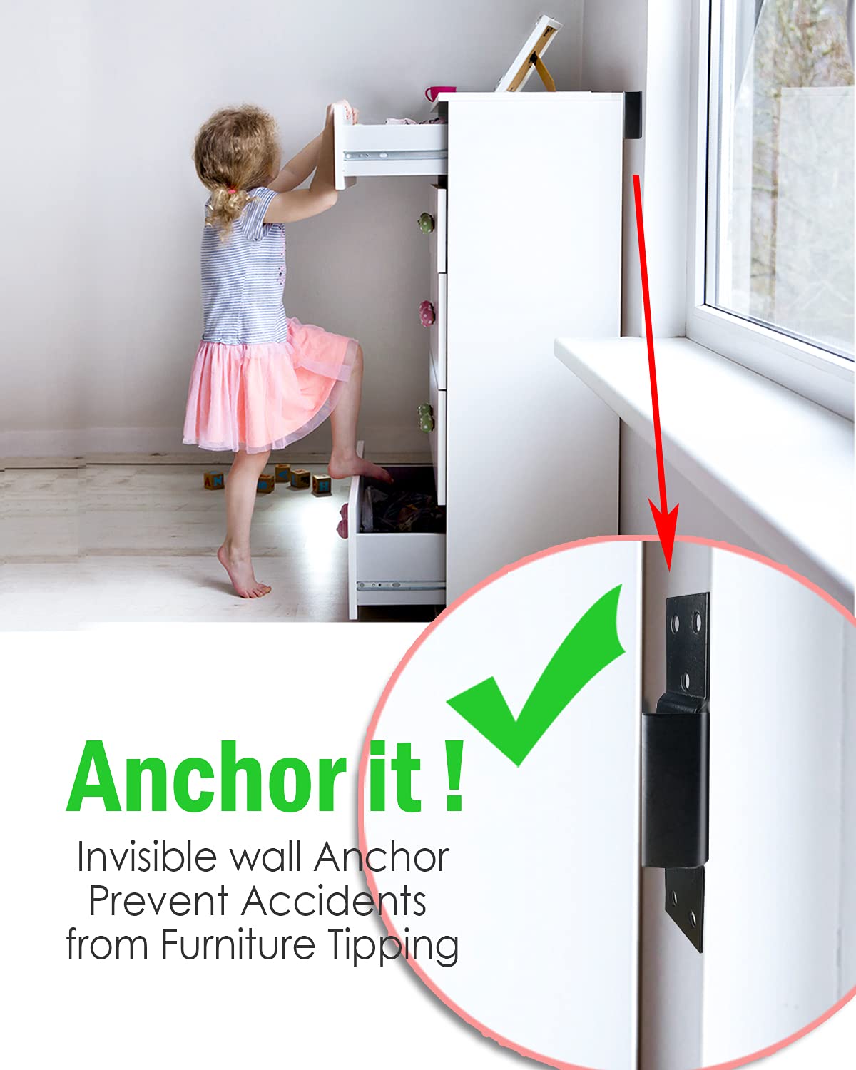 Furniture Anchors to Wall for Baby Proofing Anti Tip Wall Anchors 6 Pack Heavy Duty Dresser Safety Bracket Mount Strap Cabinet