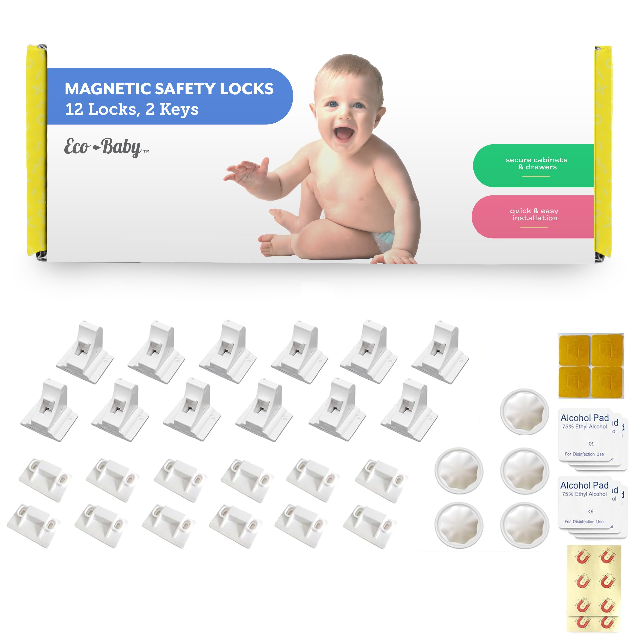 Eco-Baby Magnetic Cabinet Locks (20 Locks & 3 Keys) and Two Pack Replacement Magnetic Key Bundle Child Safety for Drawers and Cabinets - Kitchen Child Proof Cabinet Locks - Baby Proofing Safety