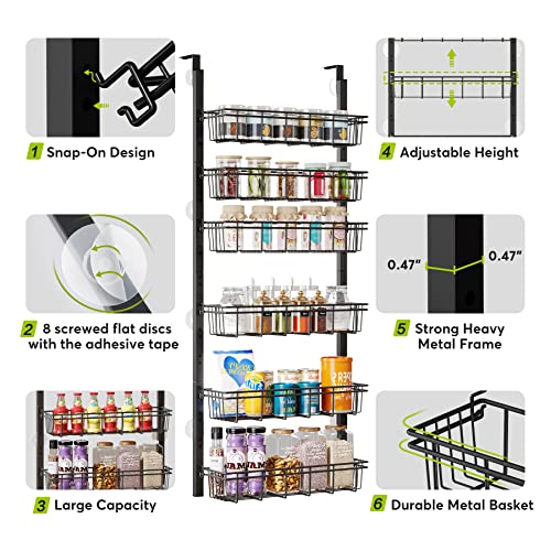 1Easylife Over The Door Pantry Organizer, 6-Tier Adjustable Pantry Door Organizer, Metal Pantry Organization and Storage with 6 Baskets, Heavy-Duty Hanging Spice Rack for Kitchen Pantry Bathroom