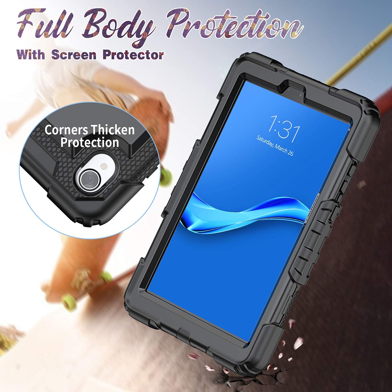 HXCASEAC Case for Lenovo Tab M8 (HD/FHD/Smart) 2019/2021 3rd/2nd Gen (TB-8506FS TB-8506F TB-8505F TB-8505X TB-8505FS TB-8705F TB-8705N), M8 Tablet Case Screen Protector/Hand Strap/Stand, Black