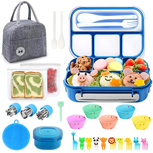 27Pcs Bento Box Kids,XIANKE Lunch Box Kit,1300ML Container for Kids/Adult/Toddler,Durable Leak-proof 4 Compartments Box with Spoon Fork Bag Accessories,Microwave Dishwasher Freezer Safe,BPA-Fre