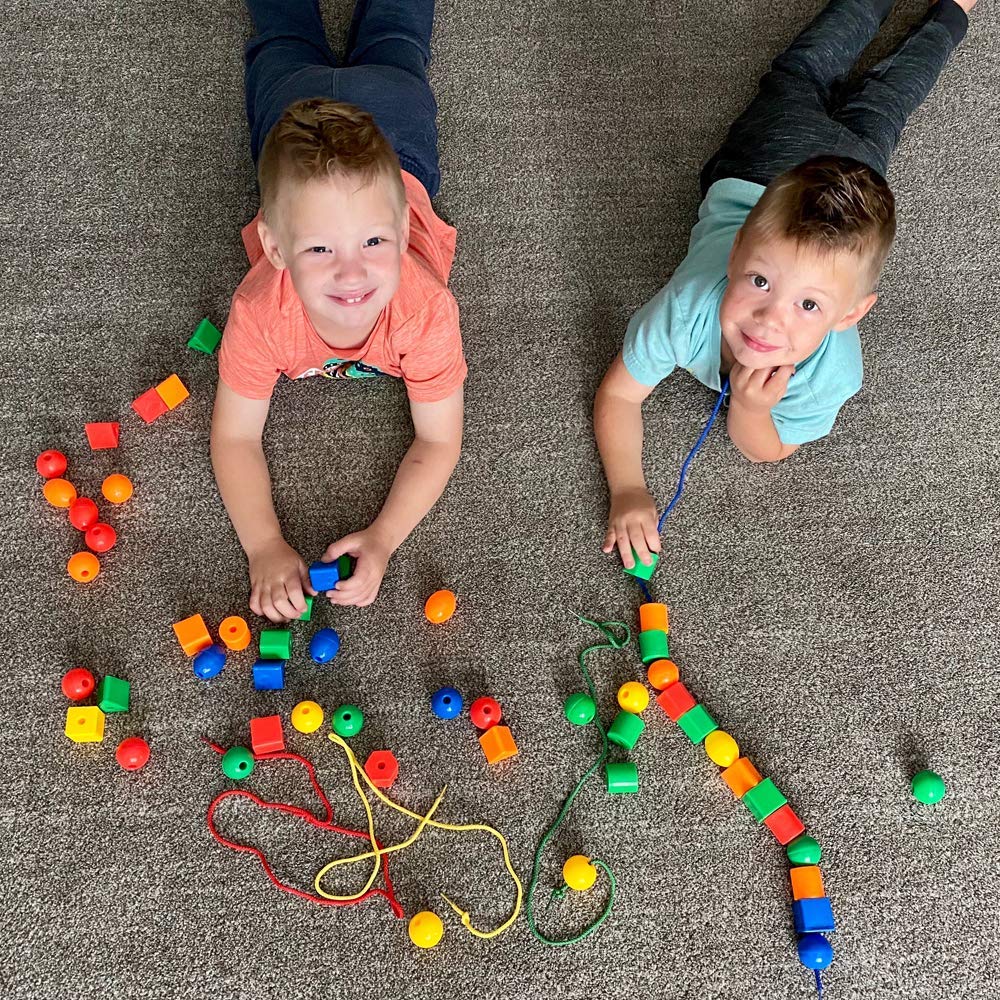 3 Bees & Me Jumbo Lacing Beads - Threading Toys for Toddlers & Kids Ages 3-5 - Fine Motor Preschool Activity with 50 Large Beads & Strings