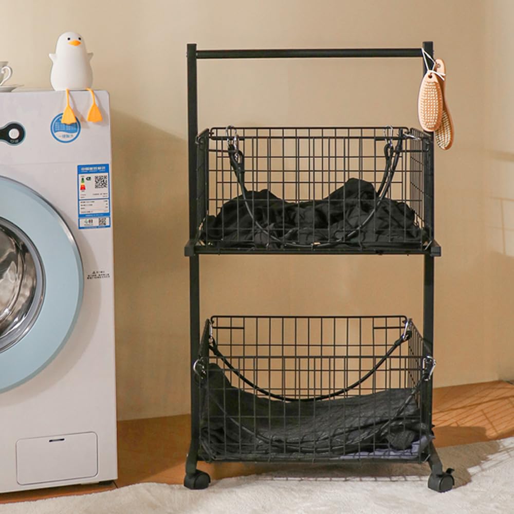2 baskets rolling laundry basket for garments storage, easy moved with wheels have brake, Laundry basket, white and black,rolling basket (BLACK)