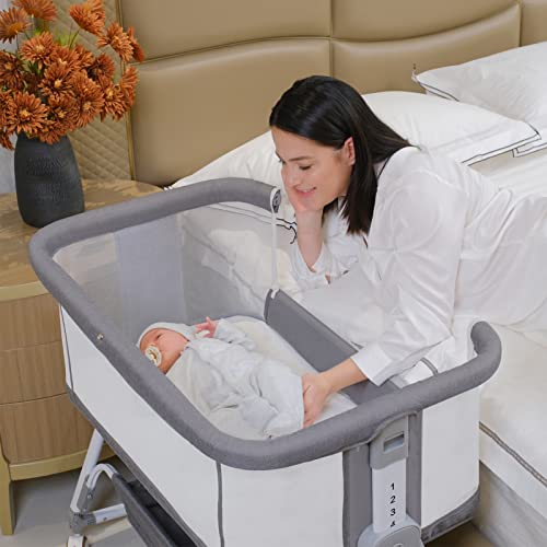 Baby Bassinet Bedside Sleeper for Baby with Wheels and Storage Basket ,All Mesh Portable Bedside Bassinet Co Sleeper for Newborn /Infant,7 Height Adjustable Easy to Assemble Bedside Crib(3 in 1,Grey)