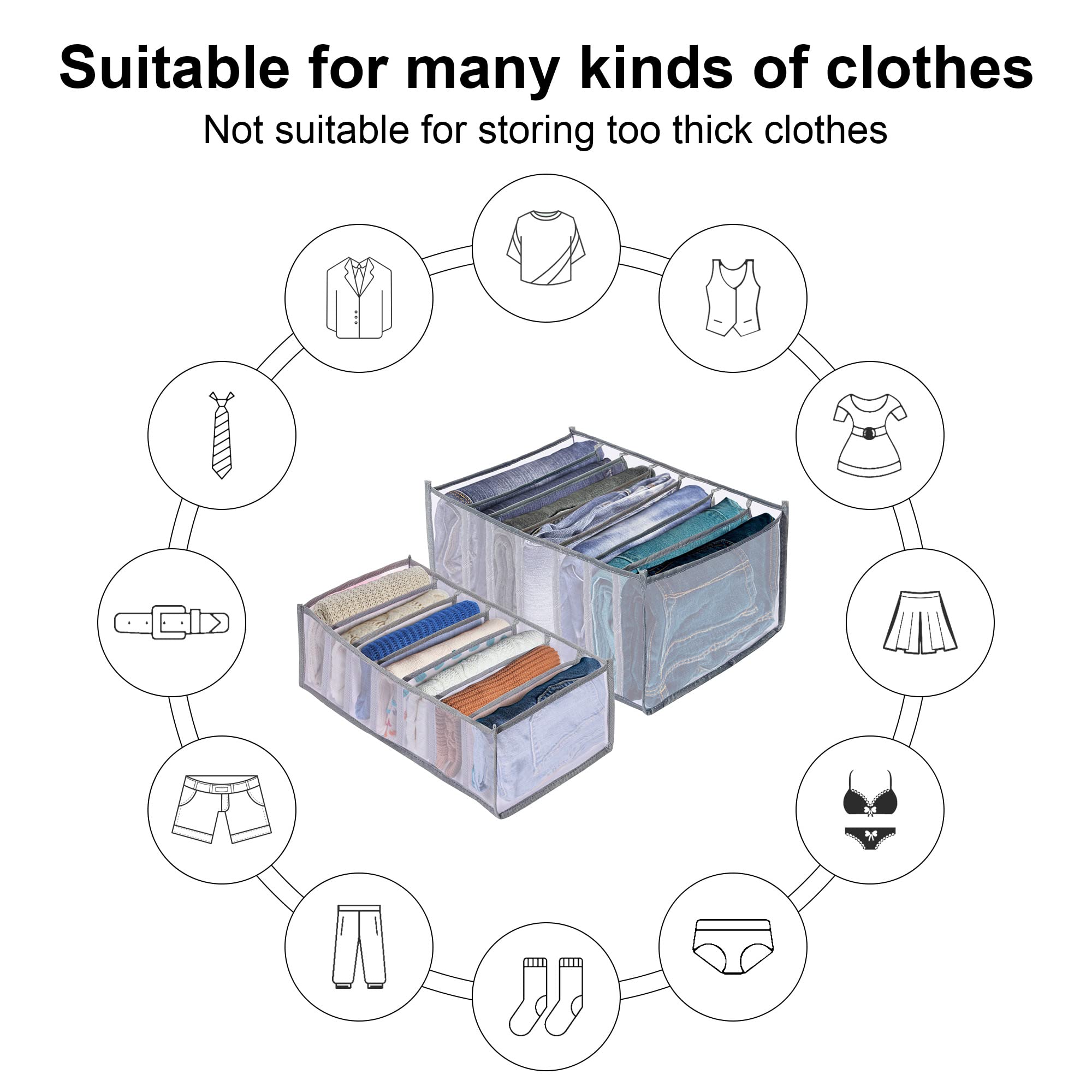 Arrozon 2 Pcs Wardrobe Clothes Organizer 7 Grids,Closet Organizers and Storage Baskets,Clothes Organizer For Folded Clothes,Storage Box For Jeans, Pant, Sweaters, t-Shirt, Underwear