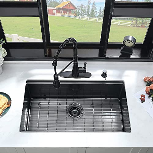 28 Black Undermount Kitchen Sink - iAnomla 28 Inch Black Stainless Steel Undermount Workstation Sink 16 Gauge Deep Single Bowl Matte Black Kitchen Sink with Cutting Board