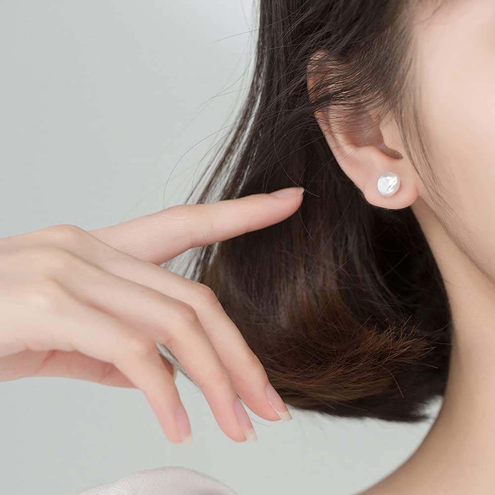 1Pairs Sterling Silver 8mm Baroque Pearl Stud Earrings White Round Freshwater Pearl Ear Studs Hypoallergenic for Women