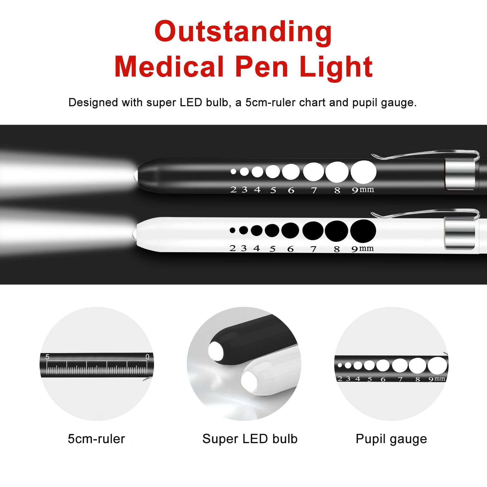3 Pack Penlight and Medical Scissors for Nurses, Two LED Pen Light with Pupil Gauge and One 7.5 Inches Trauma Shears with Carabiner for Nurse Doctor EMT First Aid (Including Four Batteries)