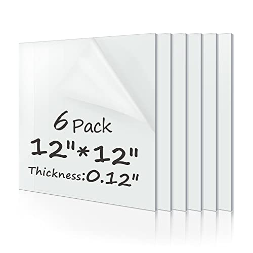 6 Pack Clear Acrylic Sheet 12" x 12"(305 x 305mm) Square Plexiglass Panel 1/8"(3mm) Thick Transparent Plastic Sheets for Sign, Craft, Display Projects, Laser Cutting, Engraving, Painting