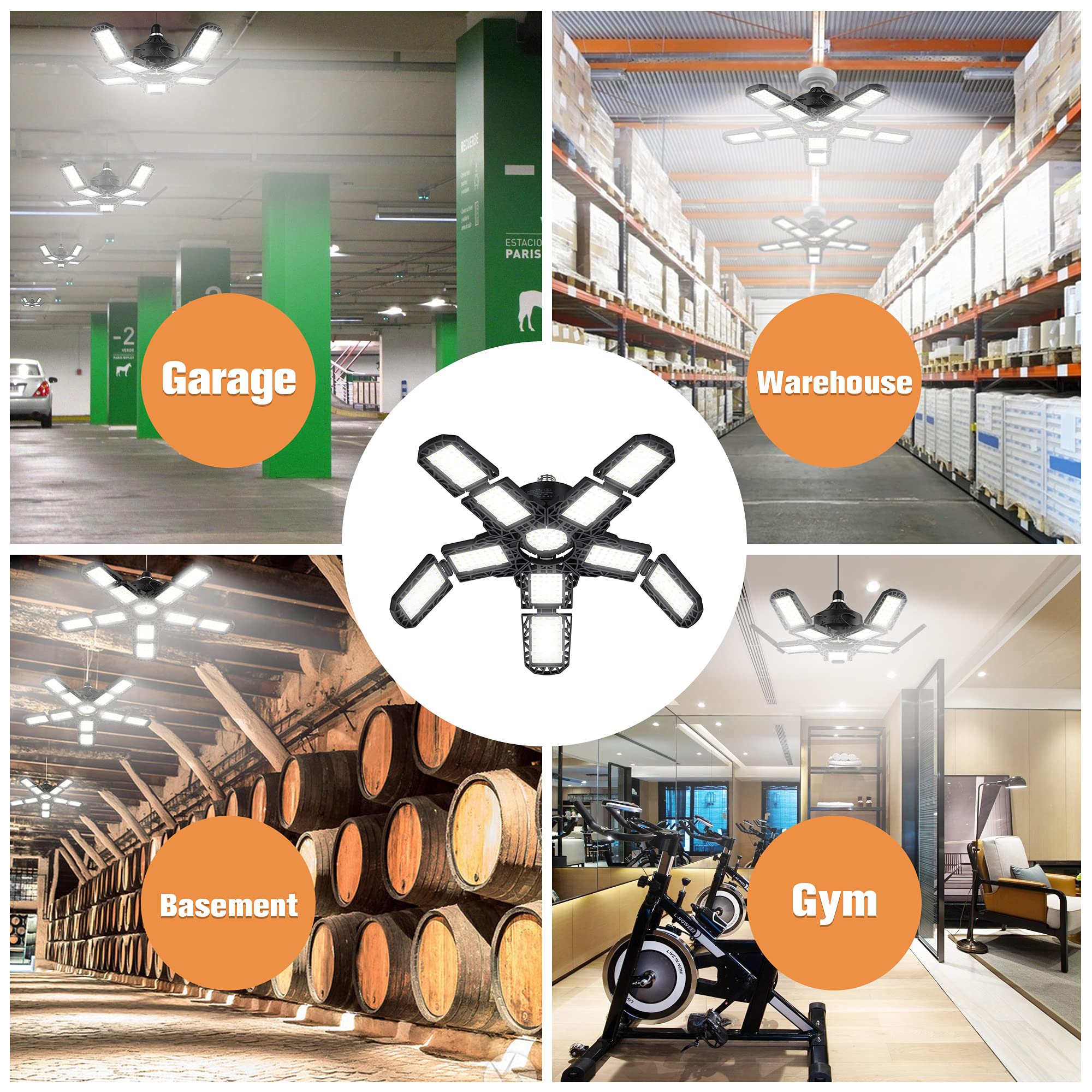 ESSNAMS 2 Pack LED Garage Lights, 180W 18000LM Garage Led Light, 6500K Deformable Led Garage Lights with 10+1 Adjustable Panels, Garage Lighting Ceiling LED for Garage, Barn, Basement (2 Pack)