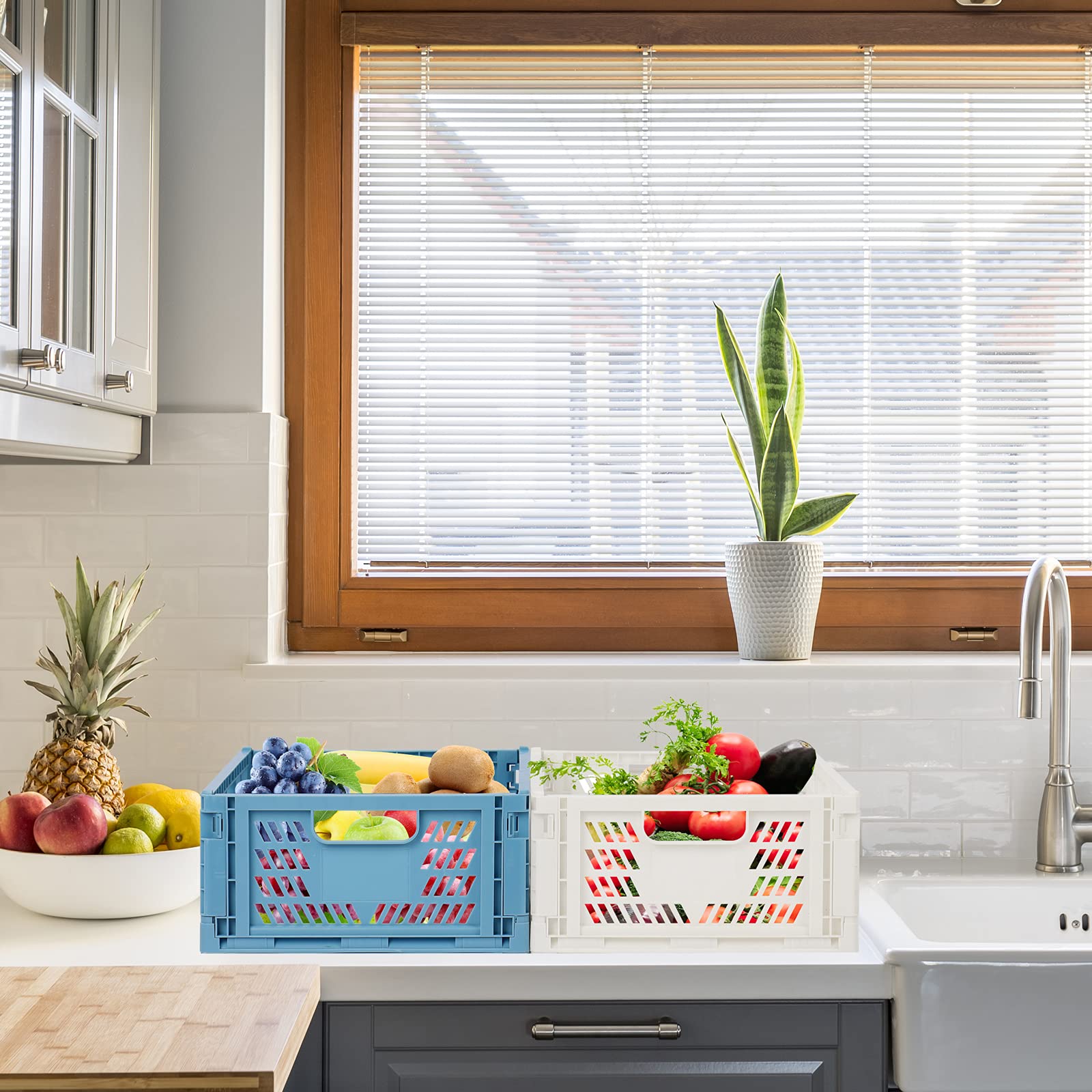 2 Blue 2 white Plastic Storage Basket Folding Storage Boxe Crate Drawer Organizer Stackable Shelf Basket Collapsible Closet Container Food Fruit Bottle Book Organiser for Home Office Kitchen Basket