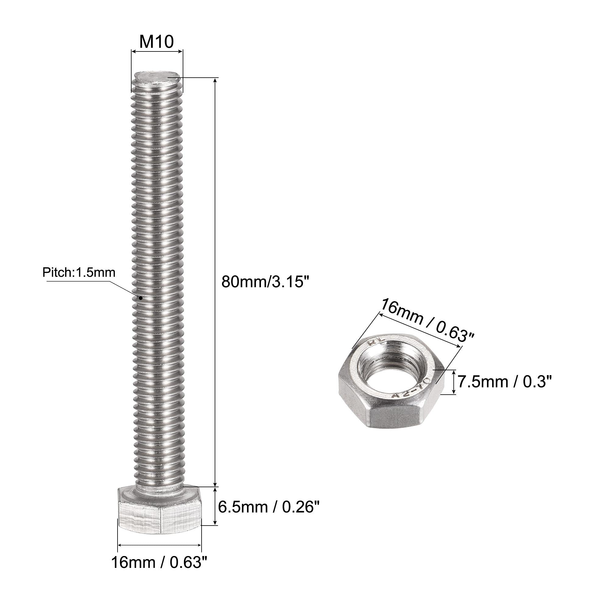 uxcell M10 x 80mm Hex Head Screws Bolts, Nuts, Flat & Lock Washers Kits, 304 Stainless Steel Fully Thread Hexagon Bolts 6 Sets