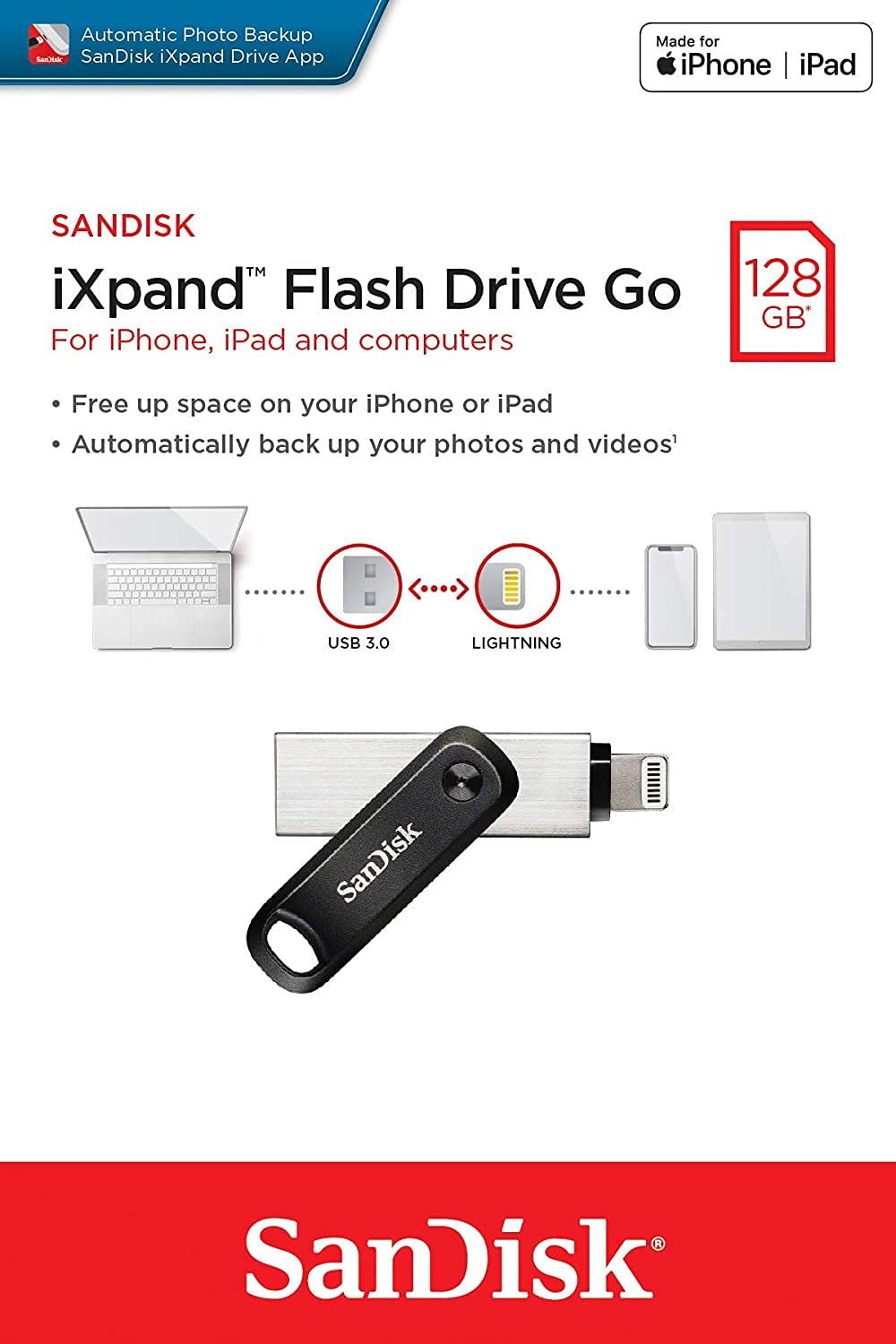 SanDisk 256GB iXpand Flash Drive Go for iPhone, iPad, Computer, Laptop - USB 3.0 Dual Drive with Reversible Lightning/TypeA Connectors SDIX60N-256G-GN6NE Bundle with 1 Everything But Stromboli Lanyard
