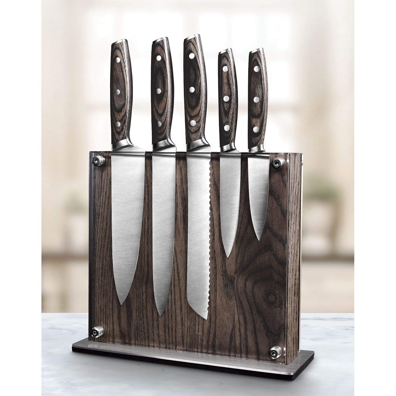 Art and Cook Stainless Steel 5 Piece Knife Set with 1 Magnetic Block: 8" Chef's Knife, 8" Slicer Knife, 8" Bread Knife, 5" Utility Knife, 3.5" Paring Knife, 1 Ash Wood Block