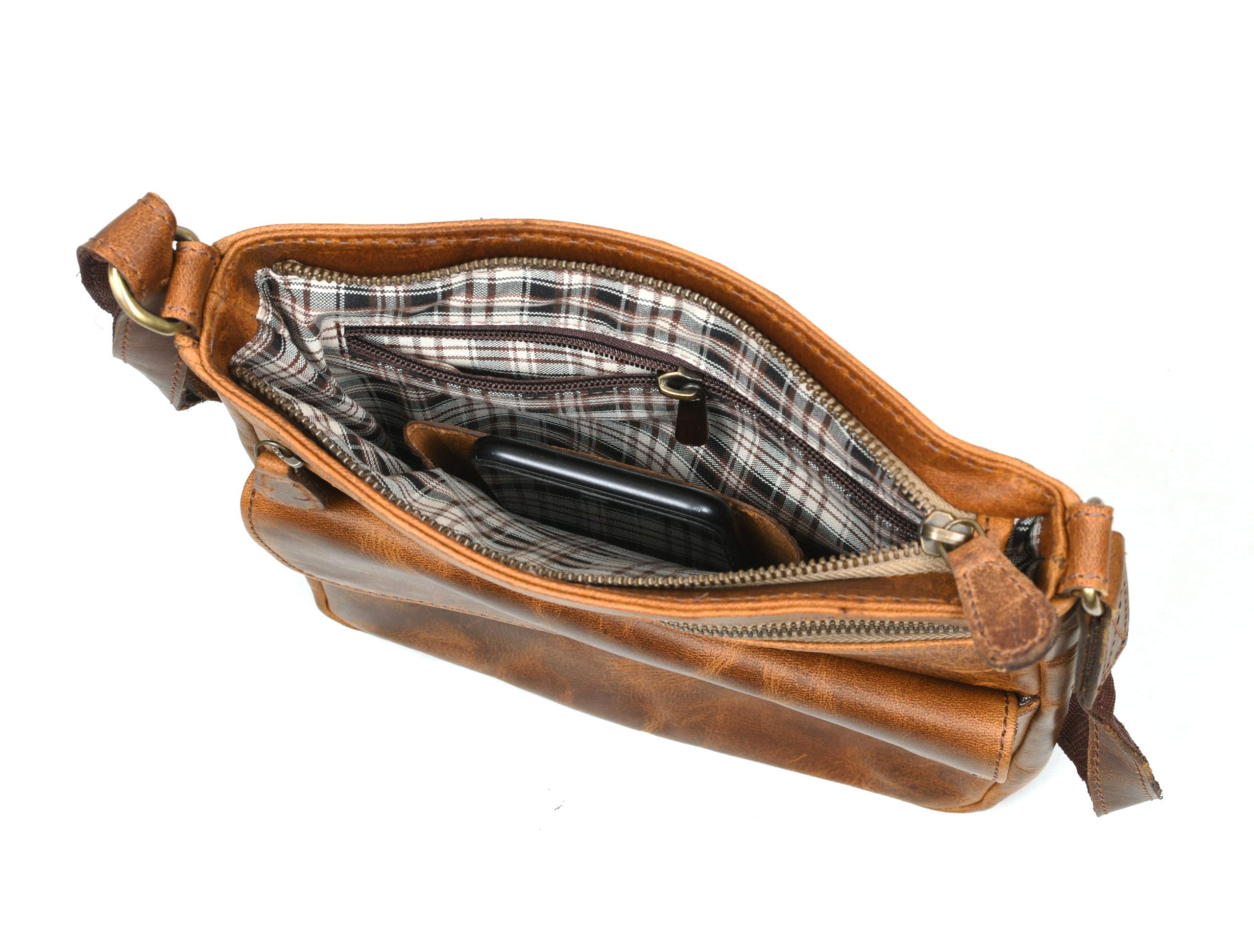 Aaron Leather Goods Women Crossbody bag with Metal Zipper Brown Black (Chestnut)