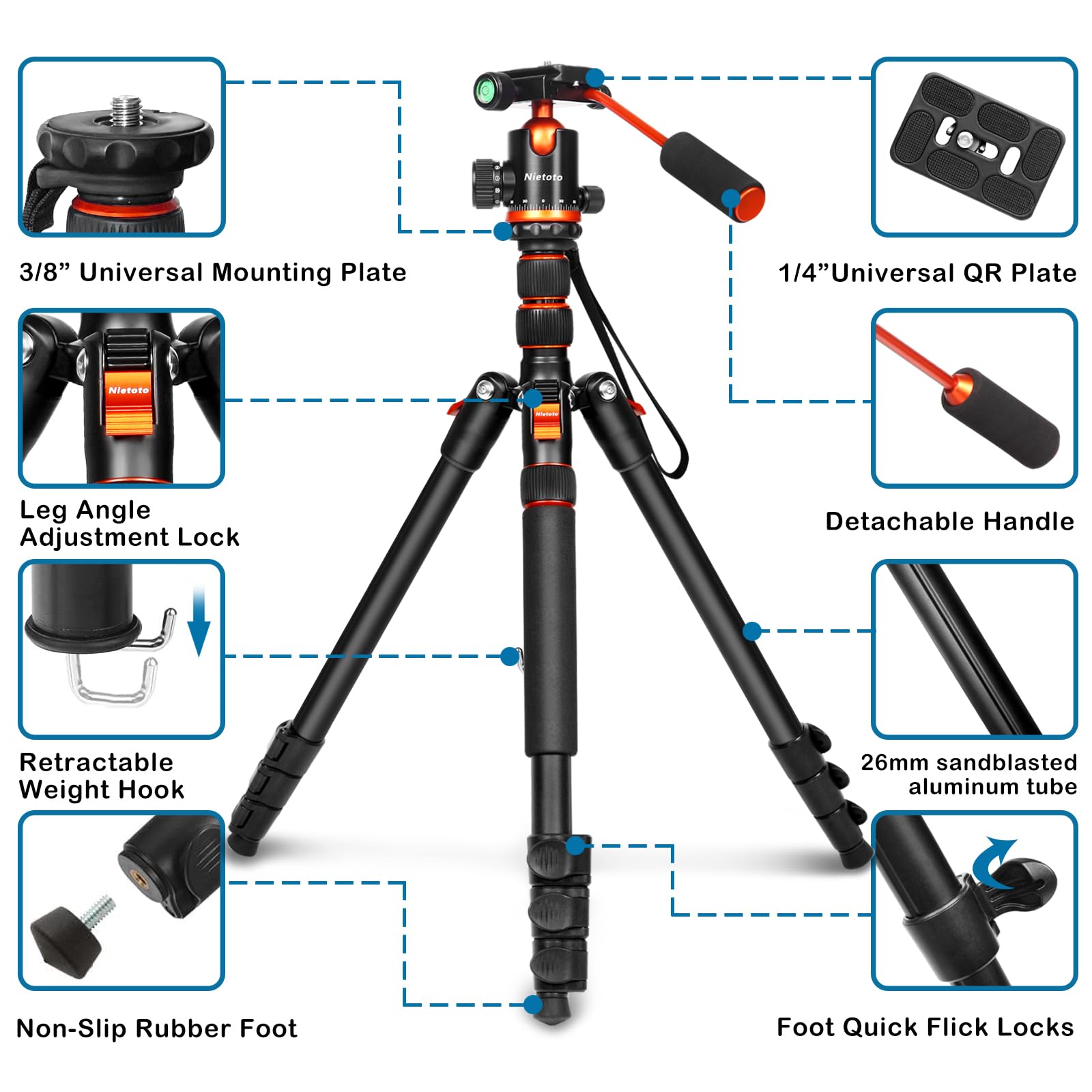 2 in1 Lightweight Video Camera Tripods • 68" Tripod for Camera and Camcorder • 360° Ball Head Tripod with Removable Handle • Extra 1/4" QR Plate and Phone Holder • Compatible with Canon Nikon Sony