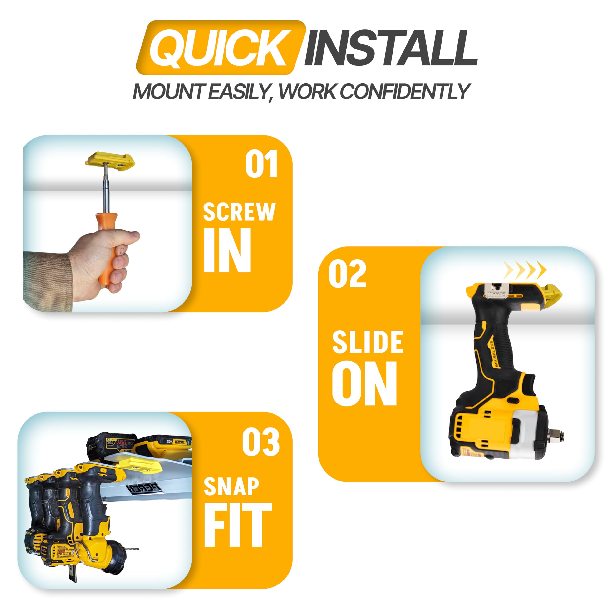 3 Pack Tool Holder Wall Mount for DeWalt 20v/60v Cordless Tools - Snap Fit Drill Holder Wall Mount for DeWalt Tool Hanger with 6 Screws - Easy to Install, Screw in and Lock