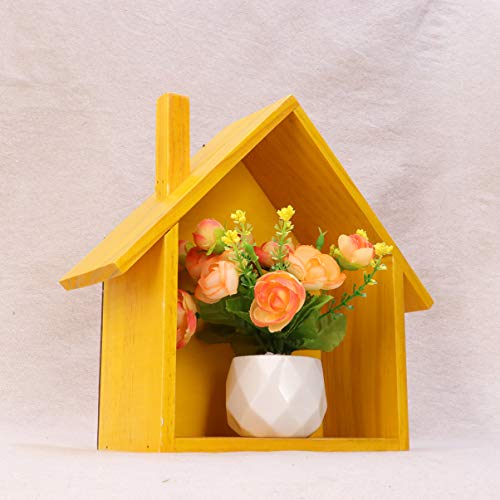 Cabilock Wooden House-Shaped Wall Storage Shelf Display Box Hanging Rack Holder Organizer for Bedroom Kids Room Kitchen (Yellow)