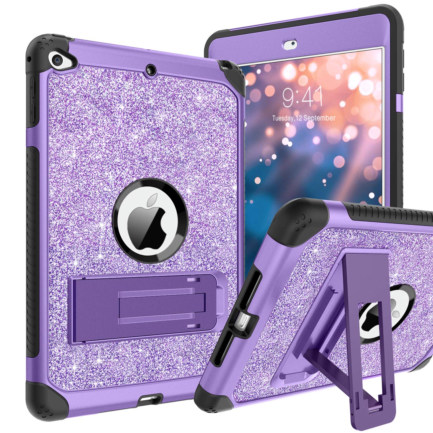 BENTOBEN iPad Mini 5 Case, iPad Mini 4 Case, Glitter Sparkly 3 Layers Heavy Duty Rugged Shockproof Kickstand Sturdy Leather Protective Tablet Cover for Apple iPad Mini 5 / iPad Mini 4, Purple