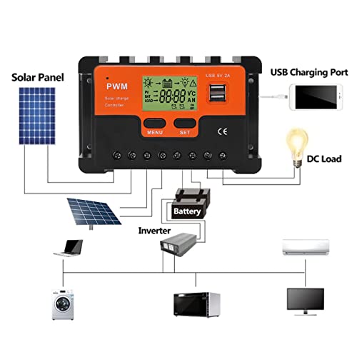 12V/24V PWM Solar Controller - Automatic Identification, LCD Display, 10A Solar Charge Controller with 2 USB 5V Output - 28AWG to 10AWG