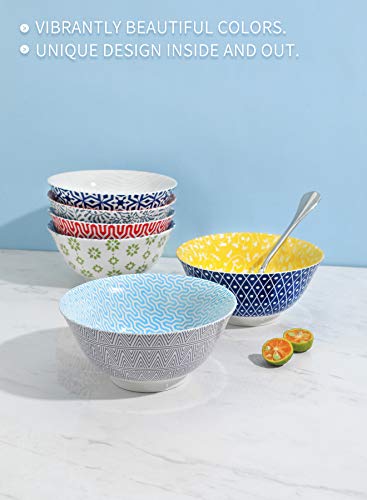 Amazingware Porcelain Salad Bowls - 18 Ounce for Cereal, Soup, Salad and Pasta, Bowl Set of 6, Assorted Designs